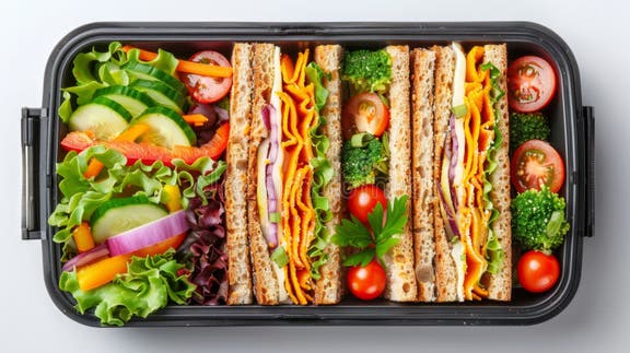 Top View Angle of Lunch Box with Sandwich and Vegetables on White ...