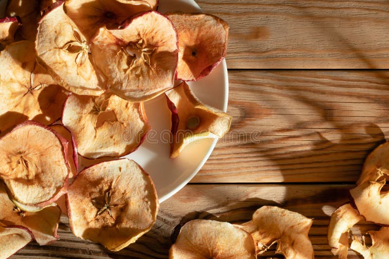 Top View of Apple Chips on Wooden Background with Copyspace Stock Image ...