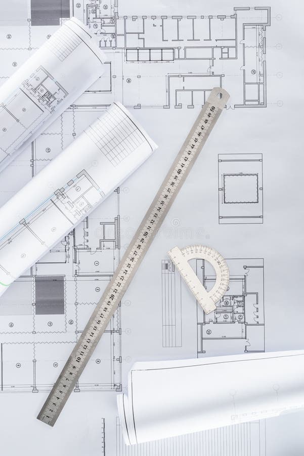 Top View of Architect Blueprints with Ruler Stock Image - Image of ...