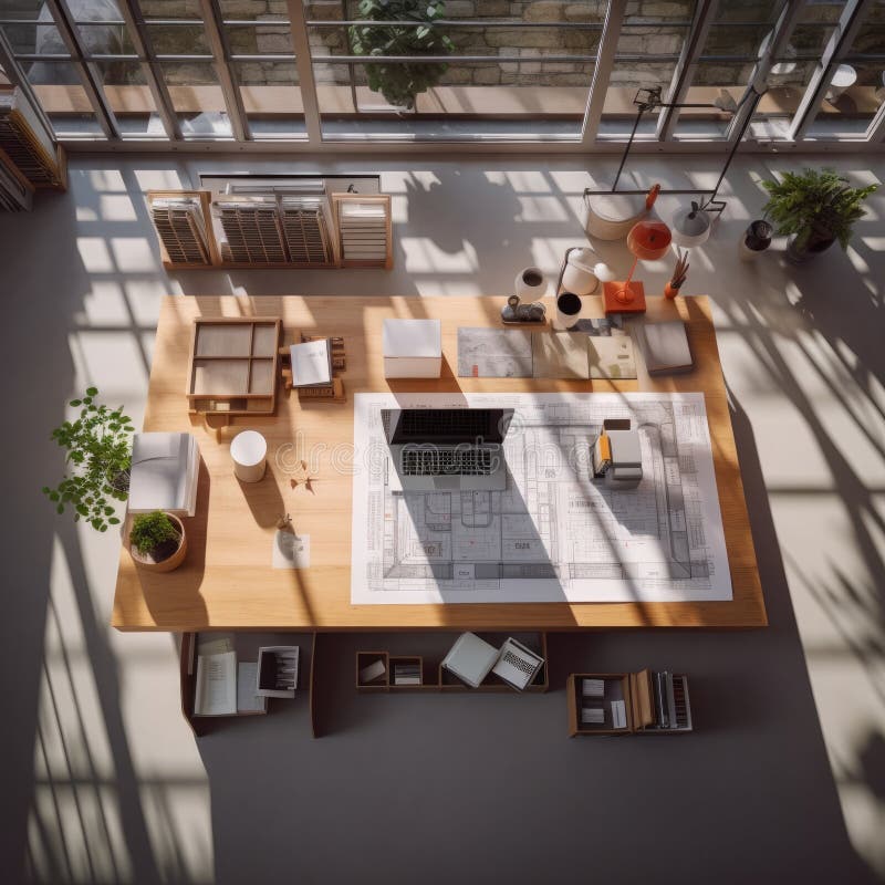 Top View Architect Desk with Office Tools, Computer Laptop, Plant Pot ...