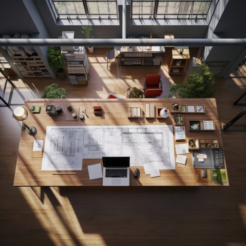 Top View Architect Desk with Office Tools, Computer Laptop, Plant Pot ...