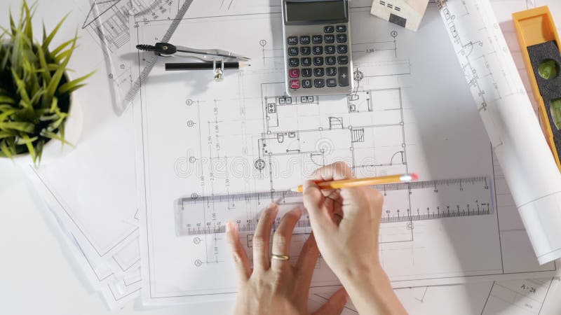 Top View of Architect Drawing with Ruler on House Plan Blueprint Paper ...