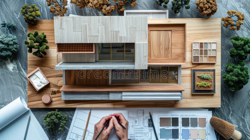 Top View of an Architect Drawing a Sketch and Assembling 3D Model of a ... Top View of an Architect Drawing a Sketch and Assembling 3D Model of a ...