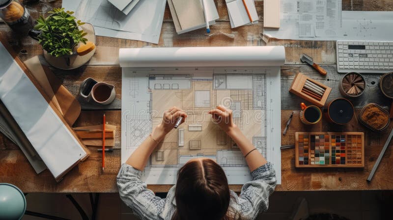 Top View of an Architect Drawing a Sketch of a Modern Residential Building. Workspace of a ...
