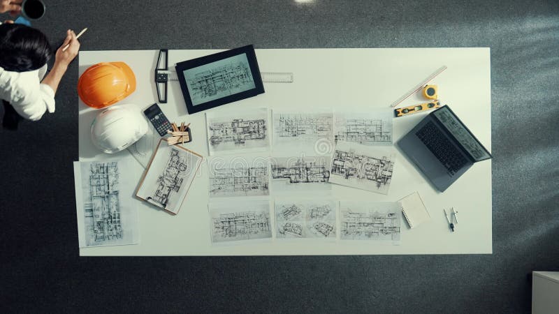 Top View of Architect Engineer Place Building Blueprint on Table ...