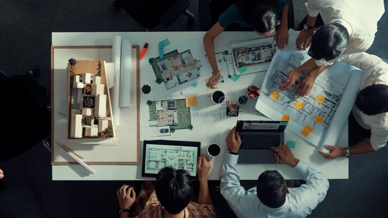 Top View of Engineer Working Together and Preparing for Meeting ...