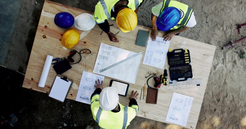 Top View, Architect Team and Planning with Blueprint for Construction ...