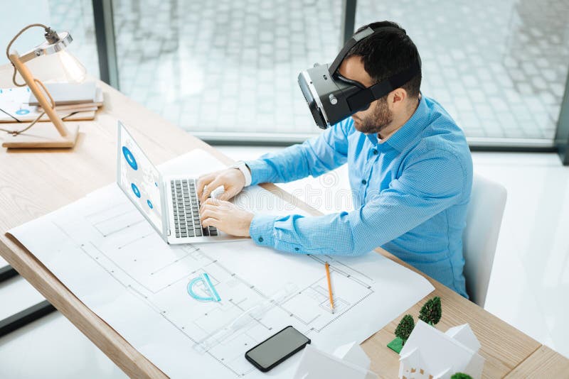 Top View of Architect in VR Headset Working on Laptop Stock Image ...