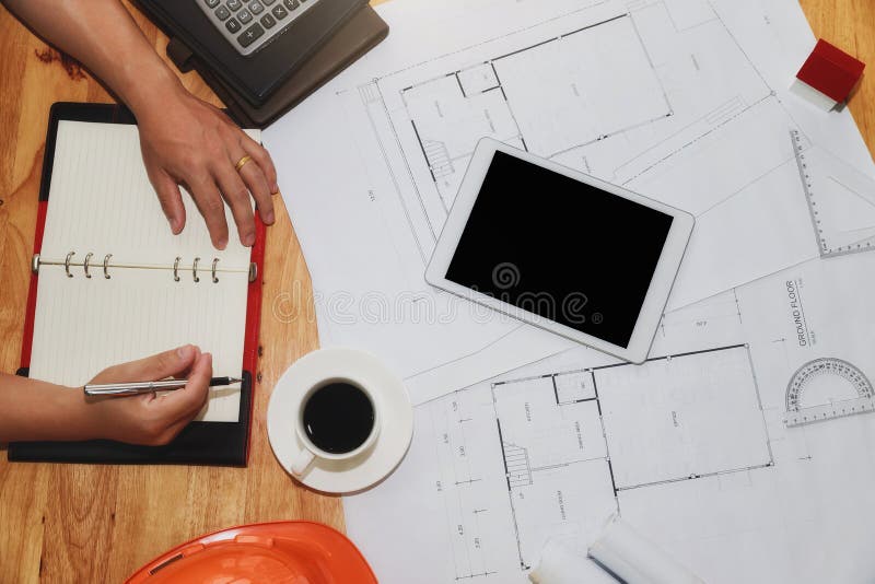 Top View of Architect Working with New Startup Project at Home Office ...