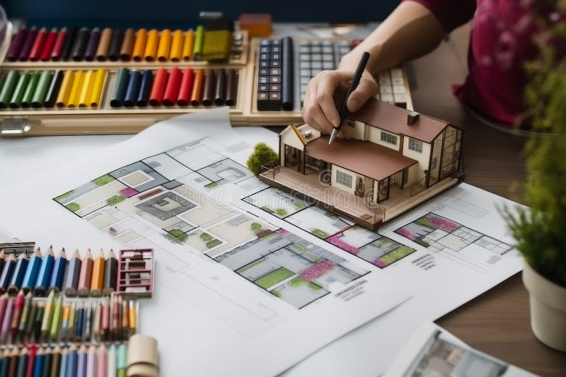 Top View of Architects Hands Drawing of Modern House with Material ...
