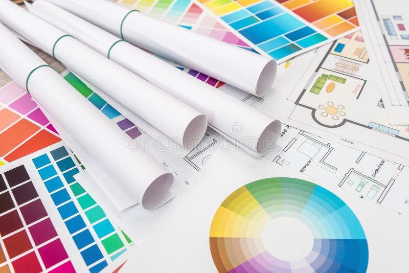 Top View of Architectural Blueprints with Material Sample on Creative ...