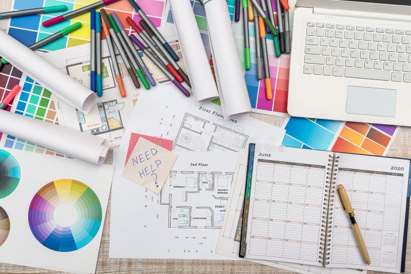 Top View of Architectural Blueprints with Material Sample on Creative ...