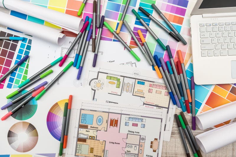 Top View of Architectural Blueprints with Material Sample on Creative ...