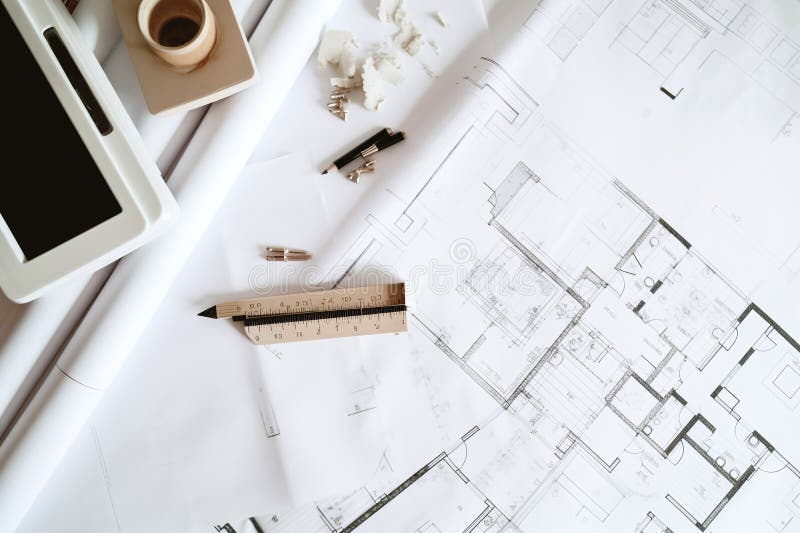 Top View Architecture Plan Blueprint in Modern Office - Ai Generated ...