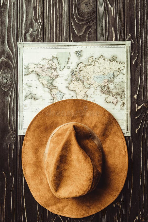 Top View of Arranged Hat and Map Stock Photo - Image of arrangement ...
