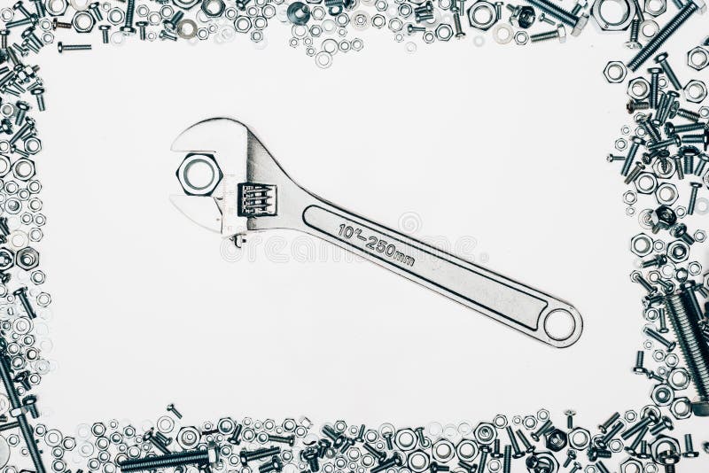 Top View of Arranged Various Metal Engineering Details with Wrench in ...