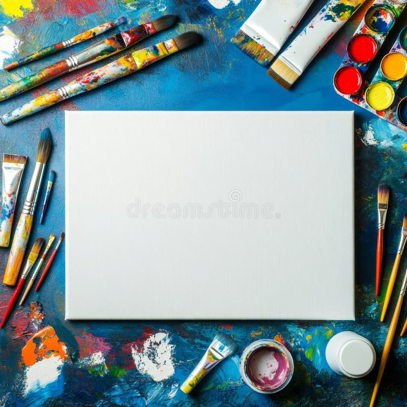 Top View of Artist Workspace with Blank Canvas, Paint Brushes and ...