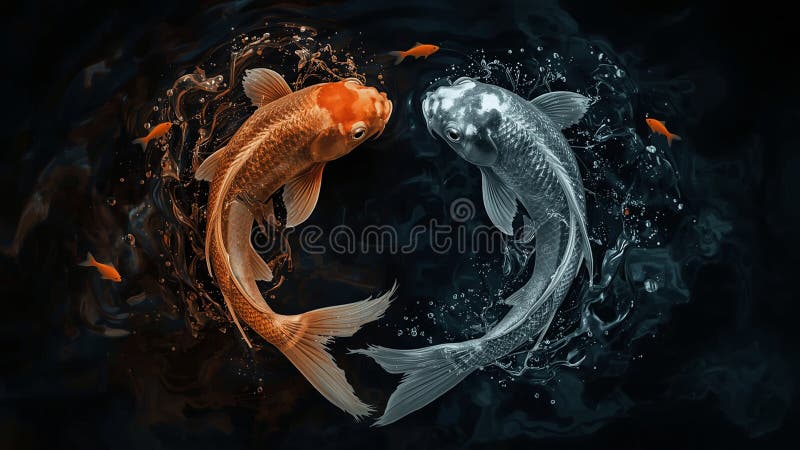 Top View Artwork with Two Koi Fish on a Solid Black Background. Yin and ...