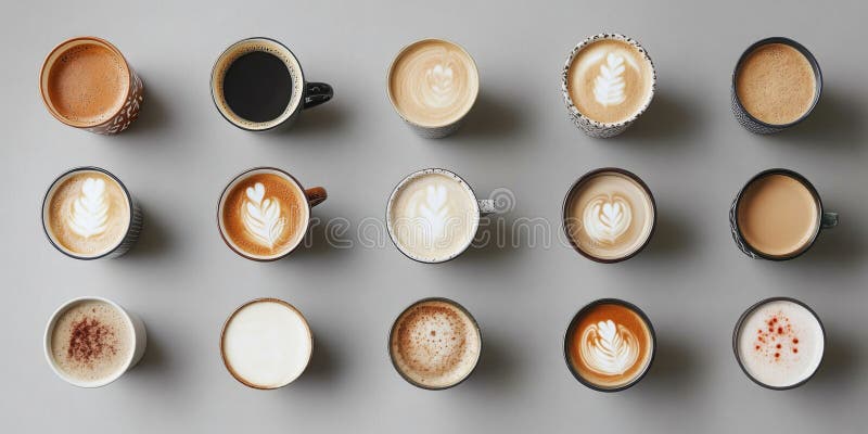 Top View of Assorted Coffee Cups Showcasing Various Types and Patterns ...
