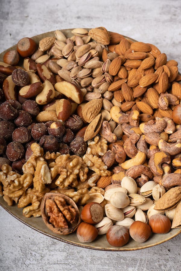 Top View of Assorted Different Types of Nuts on a Plate Stock Image ...