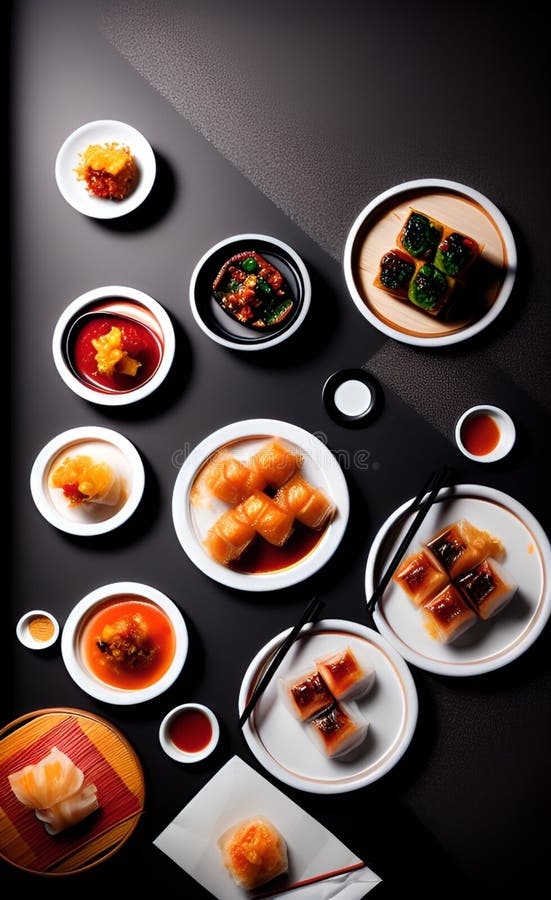 Top View on Assorted Dim Sum in White Dishes on a Dark Table Stock ...