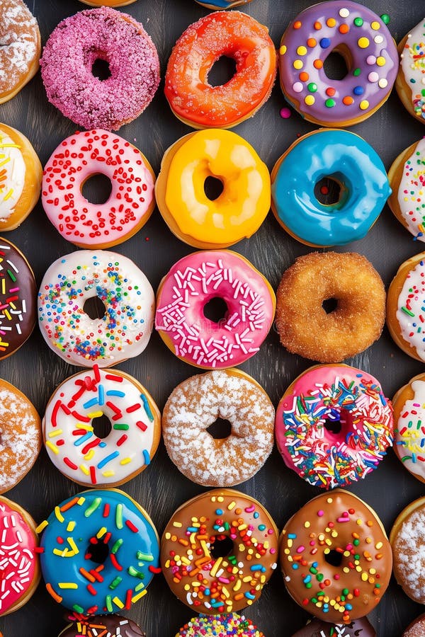 Top View of Assorted Glazed Donuts. Big Set of Colorful Donuts Stock ...