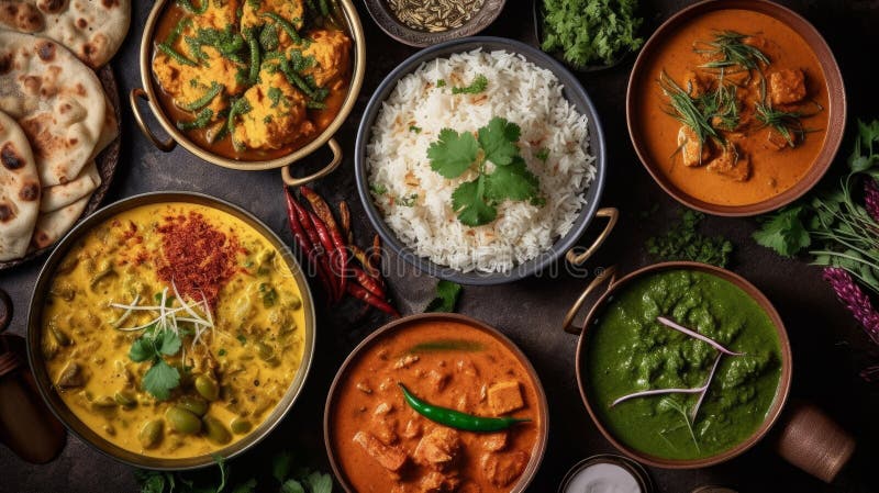 Top View of Assorted Indian Curry and Rice Dishes Ai Generative Stock ...