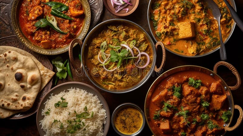 Top View of Assorted Indian Curry and Rice Dishes Ai Generative Stock ...