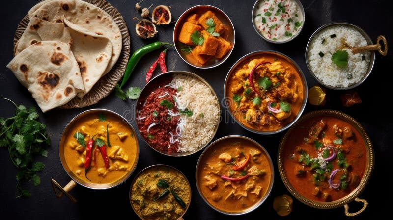 Top View of Assorted Indian Curry and Rice Dishes Ai Generative Stock ...