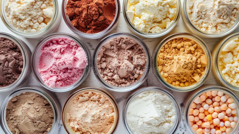 A Top View of Assorted Protein Powders in Various Colors and Textures ...
