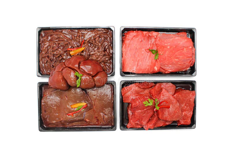 Top View of Assorted Raw Beef Steaks, Liver, and Thighs in Trays ...
