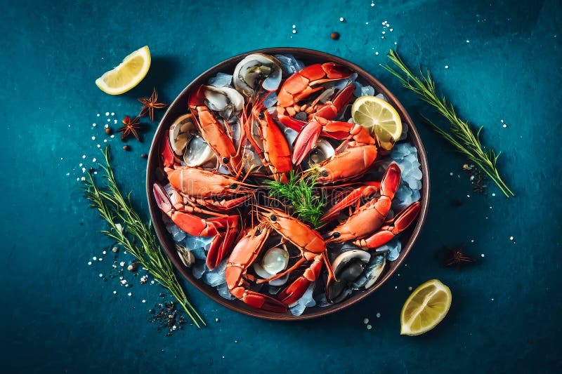 Top View of Assorted Seafood Served on a Blue Table for Dinner Stock ...