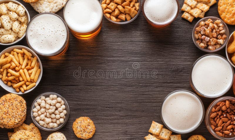 A Top View of Assorted Snacks and Drinks on a Wooden Table, Perfect for ...
