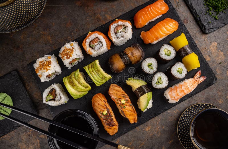 Top view of assorted sushi stock photo. Image of nori - 260528534