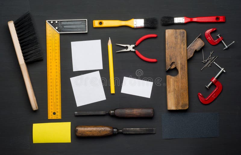 Top View of Assorted Woodwork and Carpentry Tools on Pine Wood Texture ...