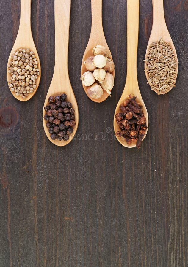 Top View of Assortment of Spices in Wooden Spoons on Wooden Background ...