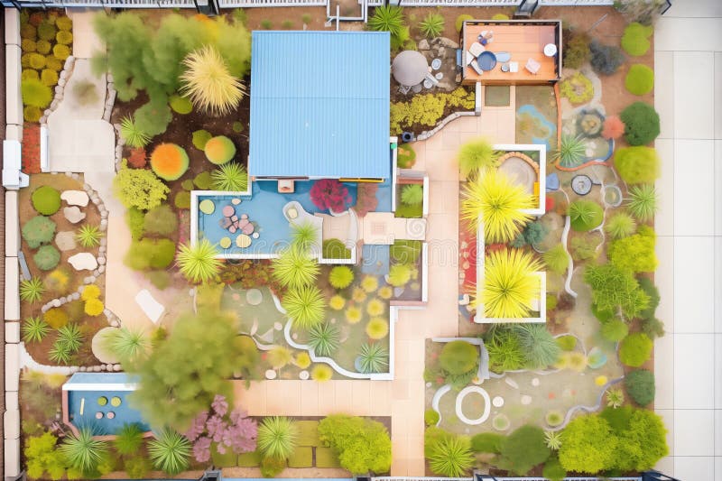 Top View of an Asymmetrical Garden Layout with Pathways and Plants ...
