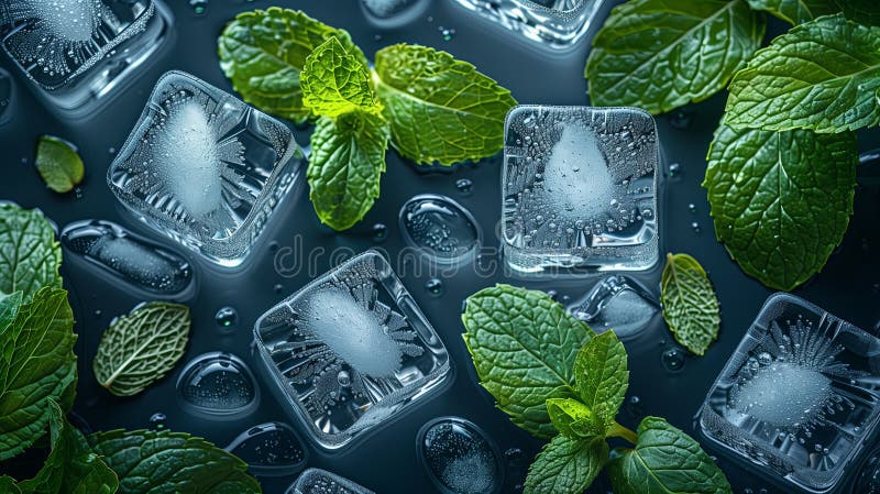 Top View Background Pattern with Ice Cubes and Mint Leaves and Waterdrops, Blue Background Stock ...