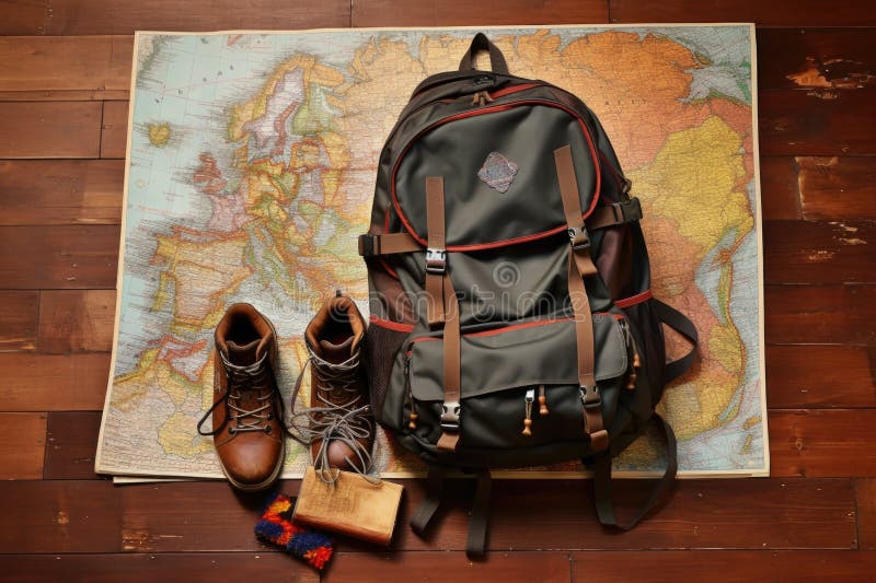 Top View of a Backpack, Hiking Boots, and Map on Wooden Floor Stock ...