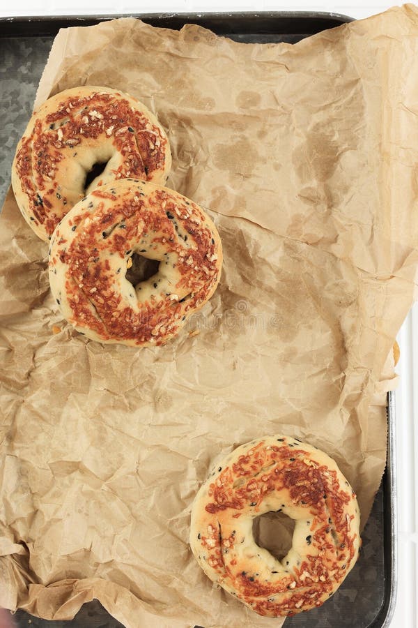 Top View Bagels Bread with Sesame Seed Stock Photo - Image of onion ...