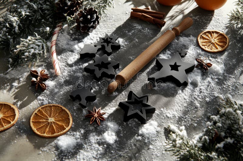 A Top View of a Baking Setup with a Rolling Pin, Flour, and Spices ... A Top View of a Baking Setup with a Rolling Pin, Flour, and Spices ...