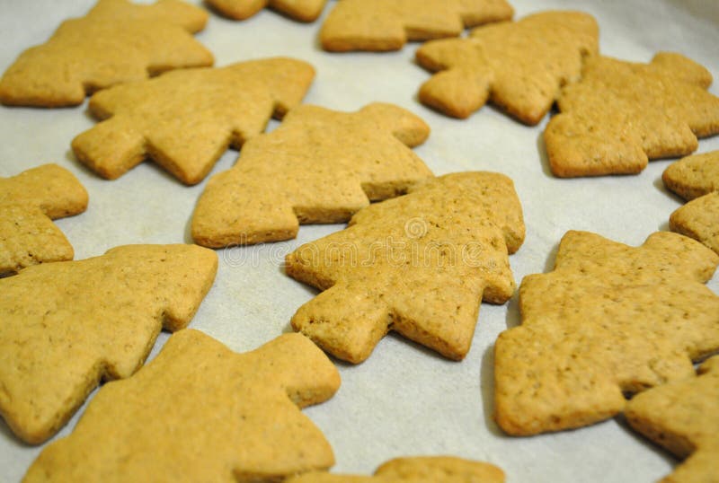 Top View of a Baking Sheet with Christmas Tree Cookies on a Baking ...