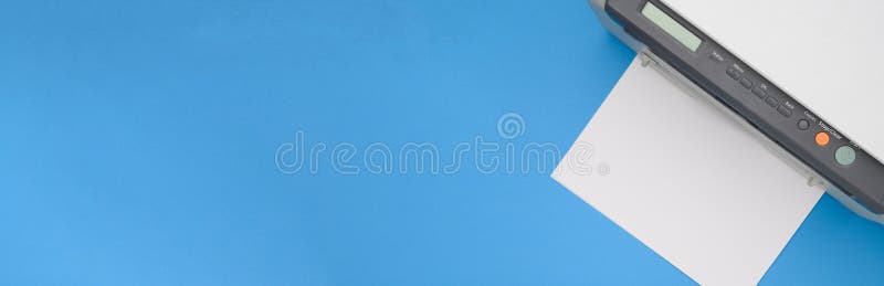Top View,banner of Printer and Blank A4 Paper on Blue Background ...