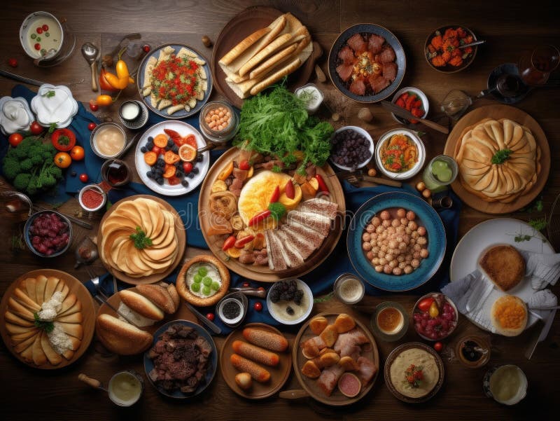 Top View of a Banquet with Food Stock Illustration - Illustration of ...