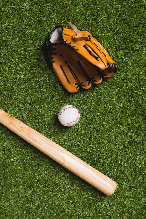 Top View of Baseball Bat with Ball and Glove Stock Image - Image of ...