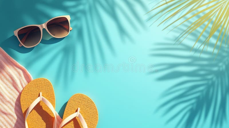 Top View of Beach Accessories on a Vibrant Blue Backdrop Stock ...
