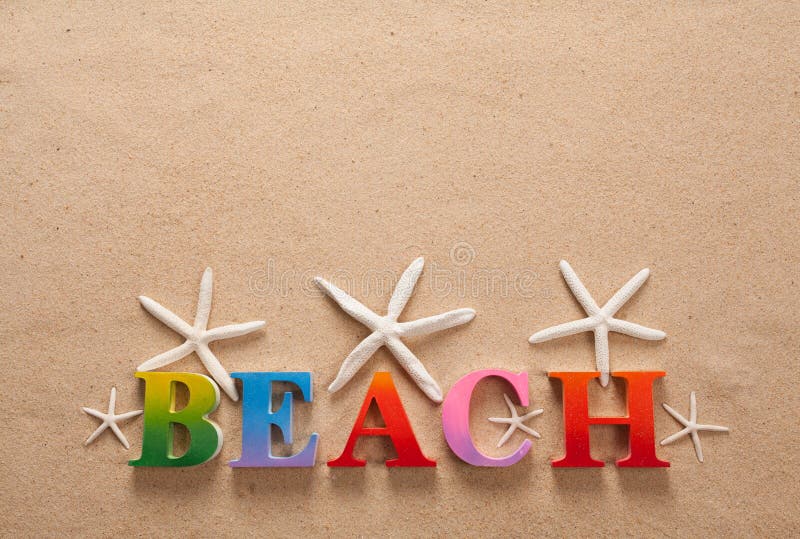 Top View of Beach Written in Colorful Letters Decorate with Shellfish ...