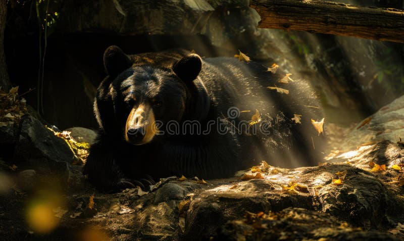Top View of a Bear Resting in a Cave, Dappled Sunlight Stock Photo ...