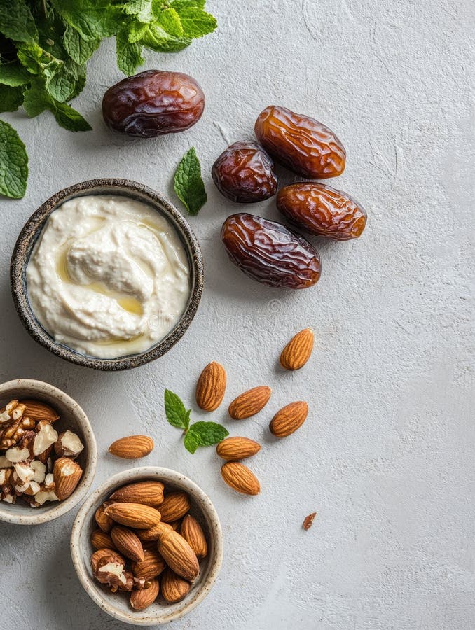 Top View of a Beautiful Arrangement of Dates, Nuts, and Cream for ...