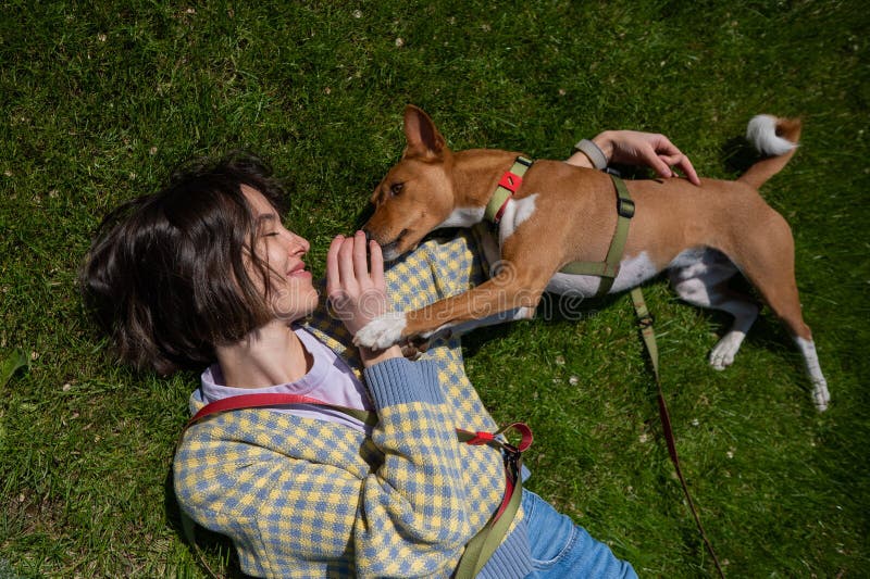 Top View of Beautiful Young Woman and African Basenji Dog Lying on ... Top View of Beautiful Young Woman and African Basenji Dog Lying on ...